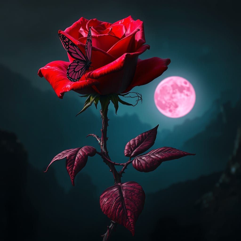 Dark Fantasy Rose with Gothic Butterfly in Moody L... - AI Art