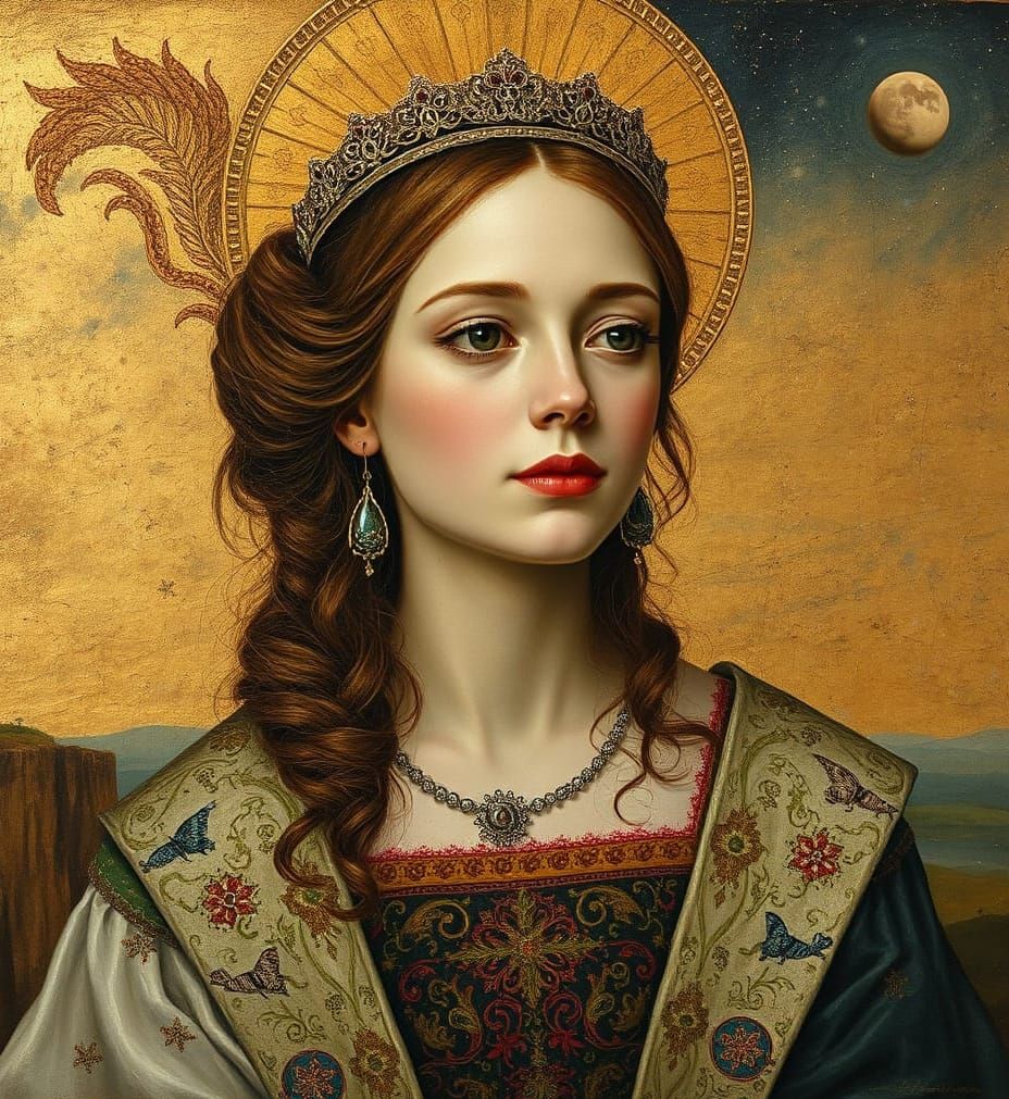 Portrait Katie Perry medieval royal clothing clifftop celestial oil on ...