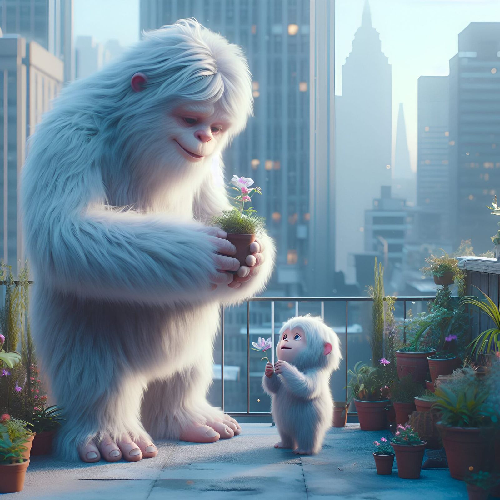 Yeti with his son on Rooftop Garden - AI Generated Artwork - NightCafe ...