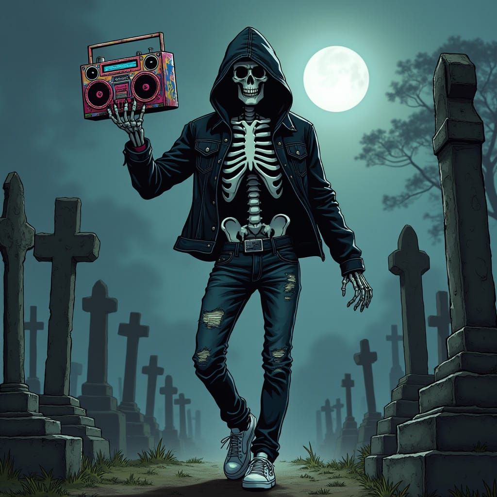 Skeleton in Urban Outfit Walks Through Cemetery wi... - AI Art