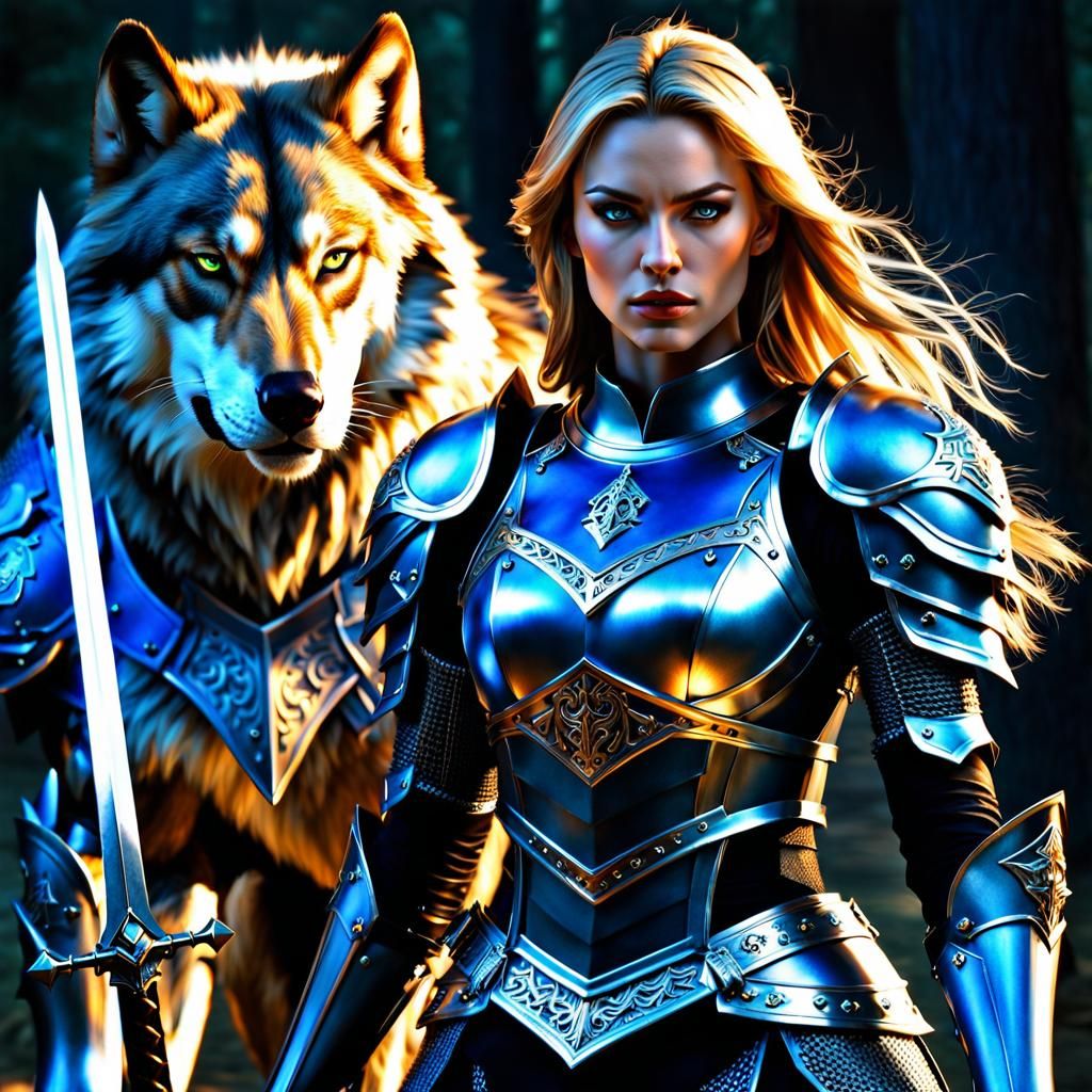 blonde young female knight, blue metal armor - AI Generated Artwork ...