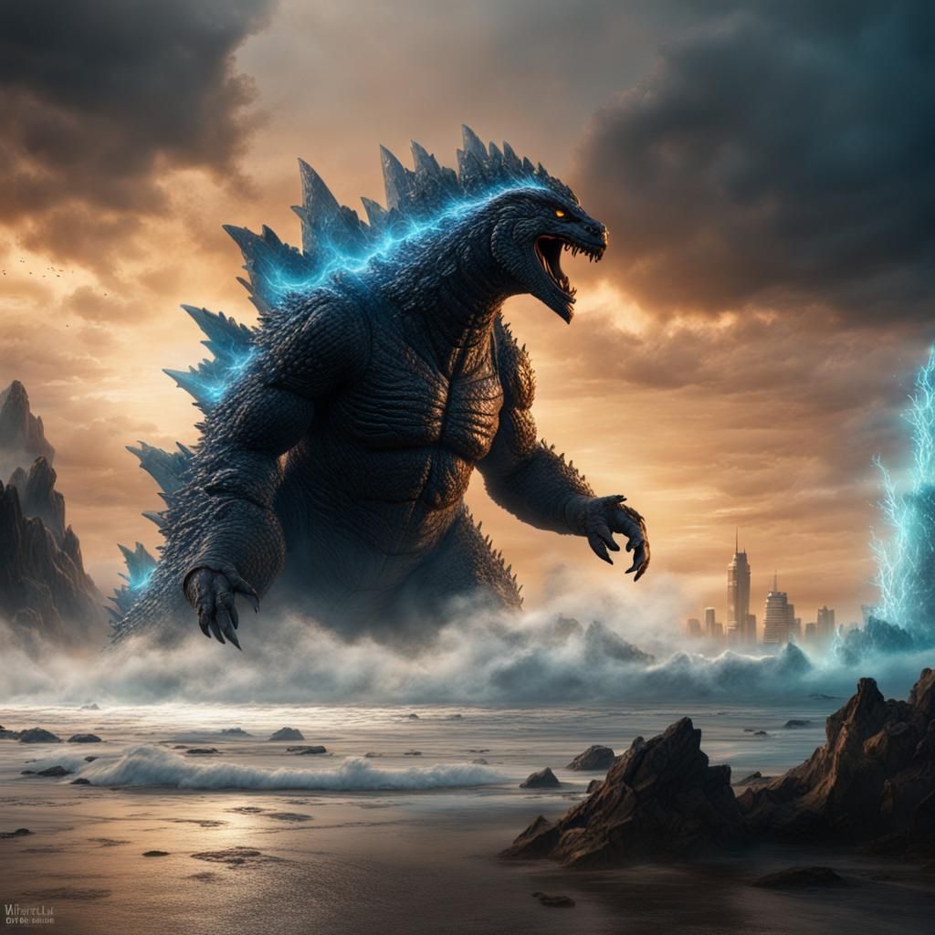 godzilla on a heavenly beach - AI Generated Artwork - NightCafe Creator