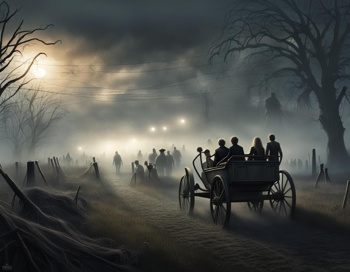 detailed haunted hay ride, zombies, mist, spider webs, misty field ...