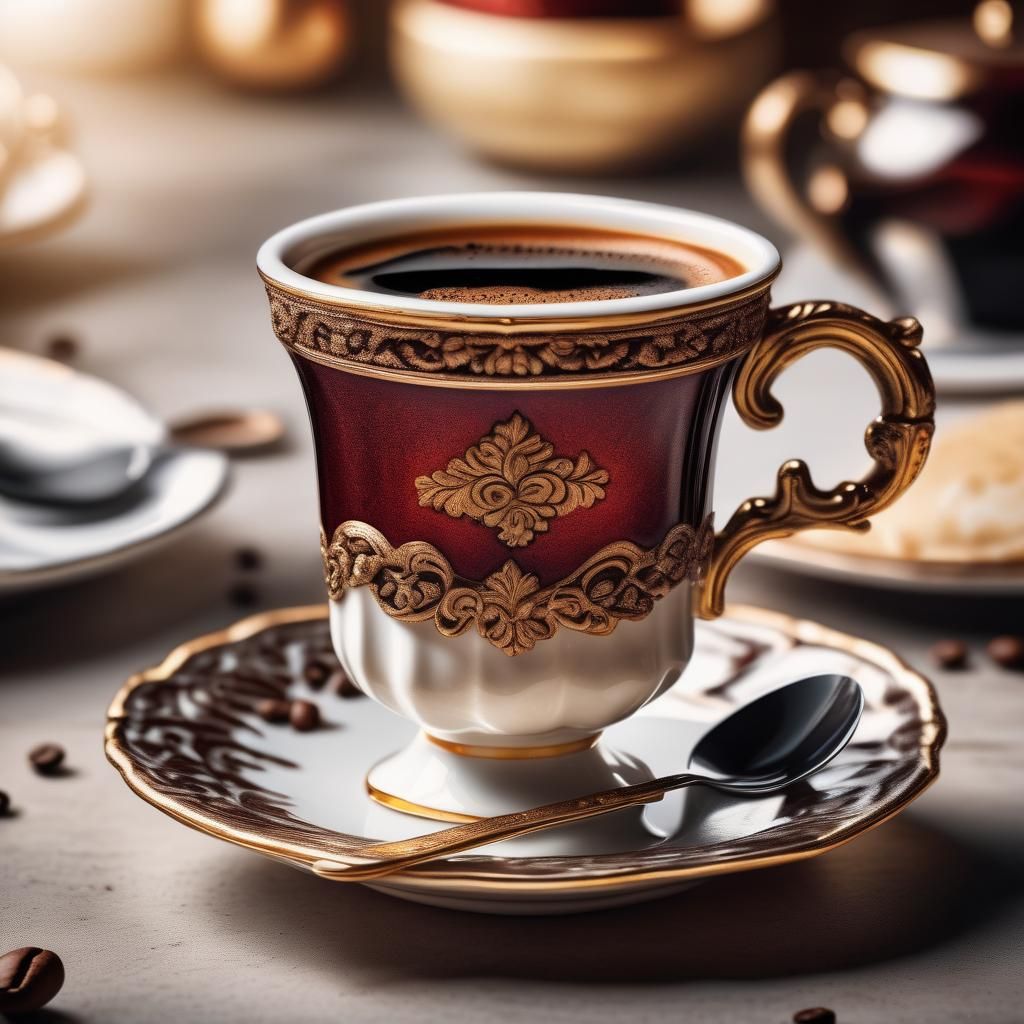 An aristocratic marsala cup with coffee and cream. intricate details ...