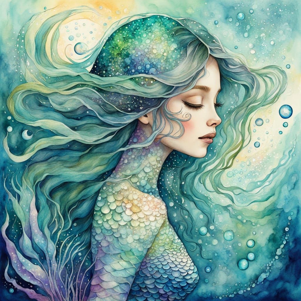 Ethereal Mermaid in Misty Water with Zentangle Pat... - AI Art