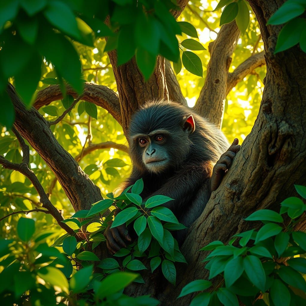 Emerald Monkey Masterpiece in Ancient Tree - AI Art