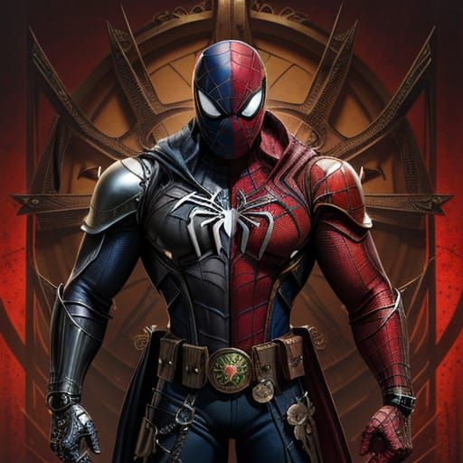 Depiction of Spider-Man as a medieval knight. Armored hero. Steampunk ...