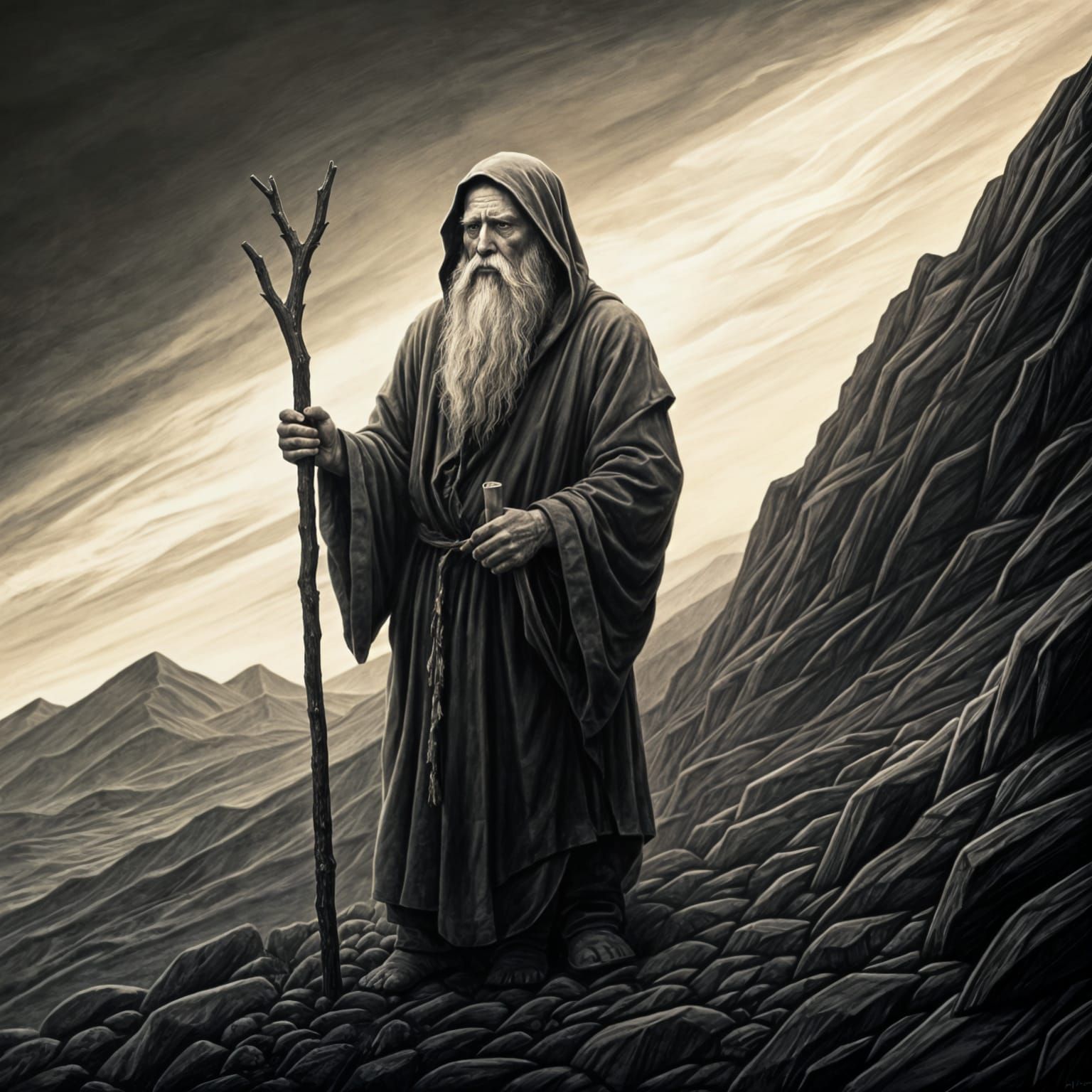 Ethereal Hermit in Mountain Landscape - AI Art