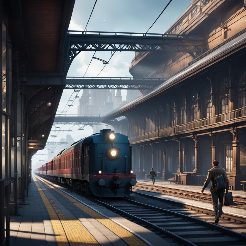A man runs after a departing train at a station, hoping to catch up ...