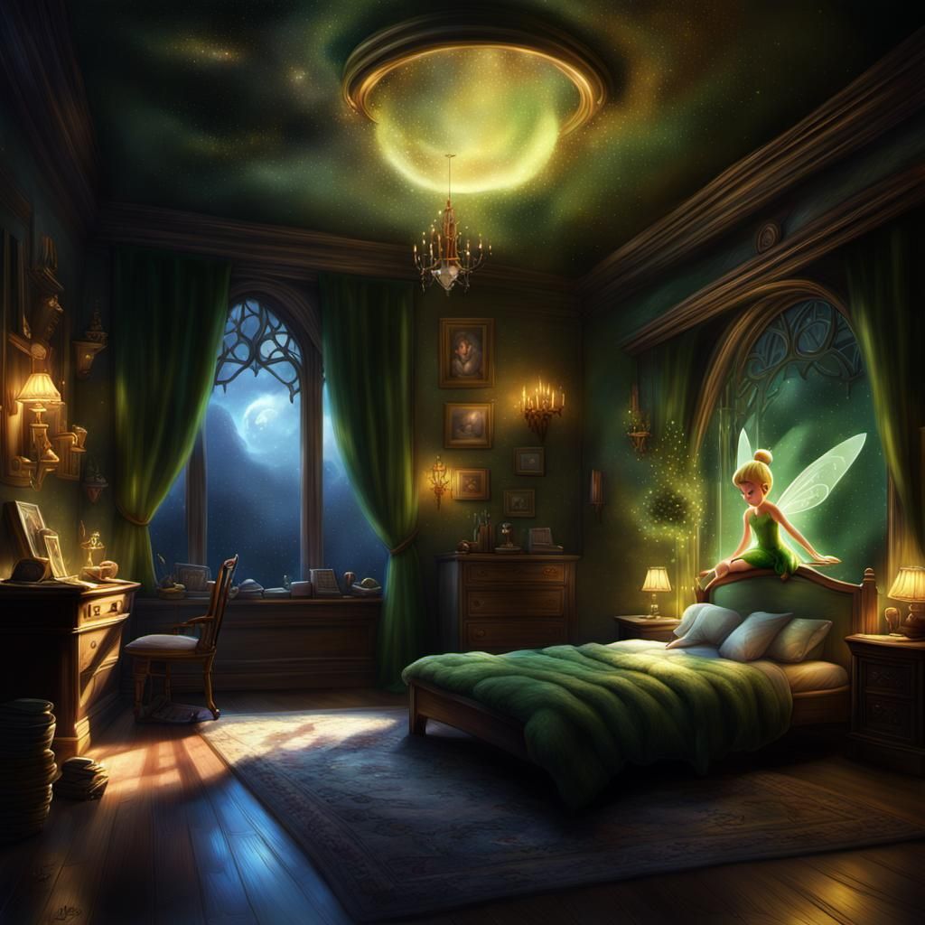 Tinkerbell in her bedroom ; Realistic art, 2.5D digital illustration ...