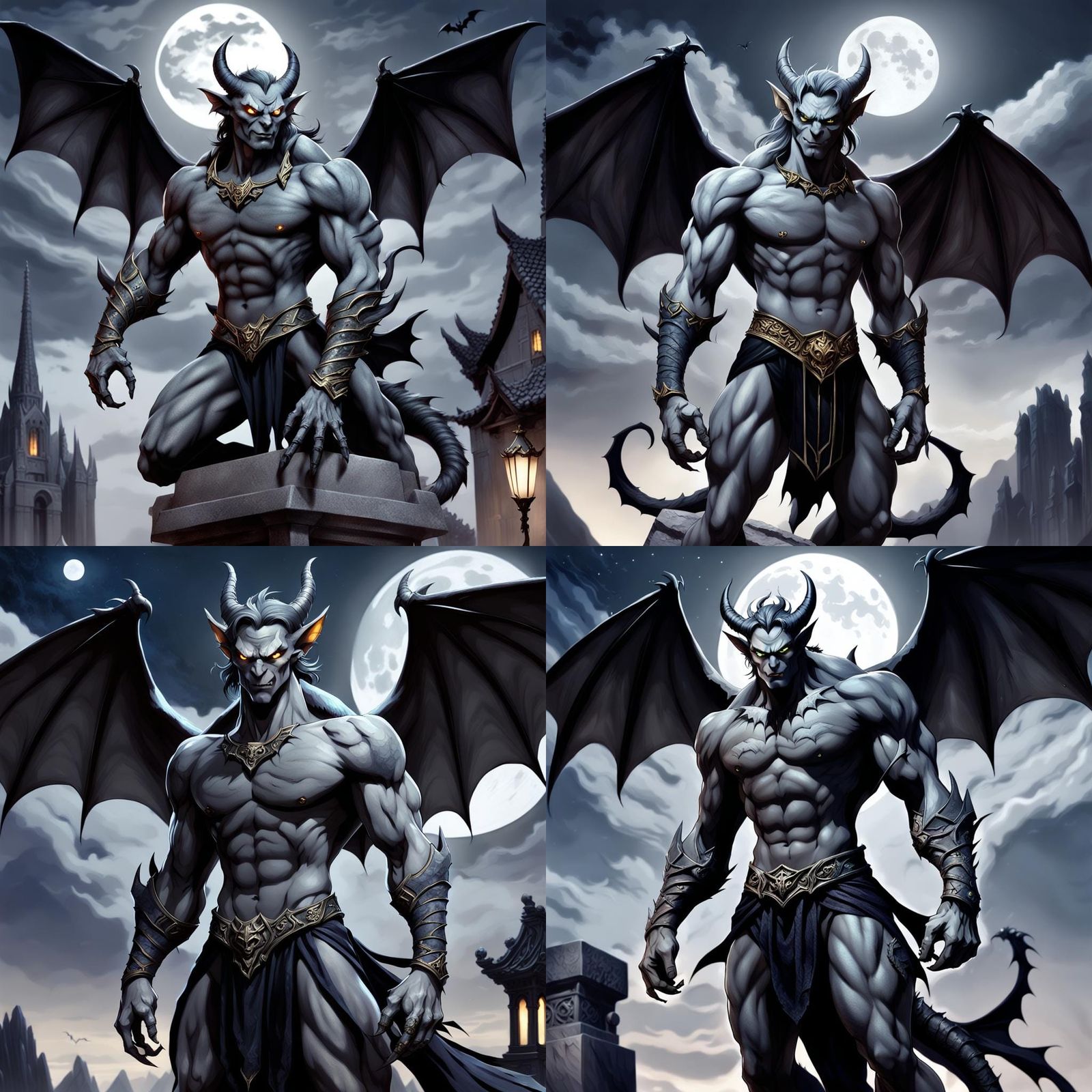 Humanoid Gargoyle, youthful appearance, wiry male, dark-grey marble ...