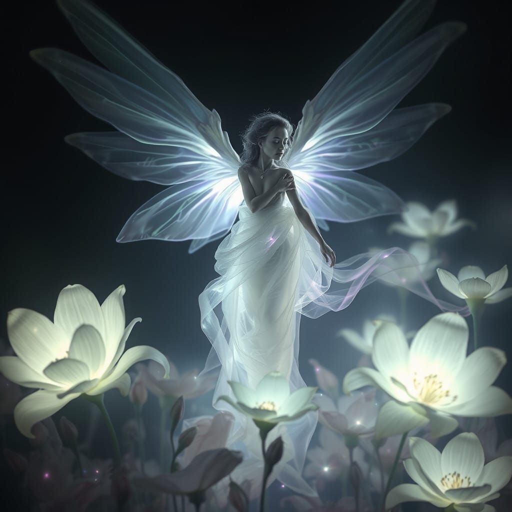 Ethereal Winged Spirit in Iridescent Silks, amidst... - AI Art