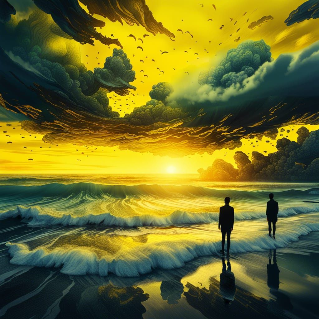 Ocean view at stunnings beach sunrise glowing yellow through the clouds ...