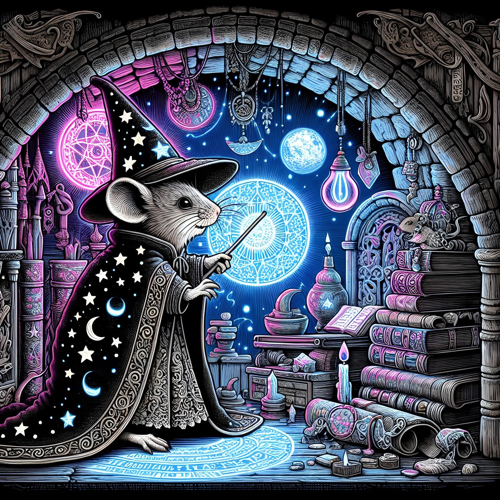 An extraordinarily detailed image of a mouse wizard, in his magical ...