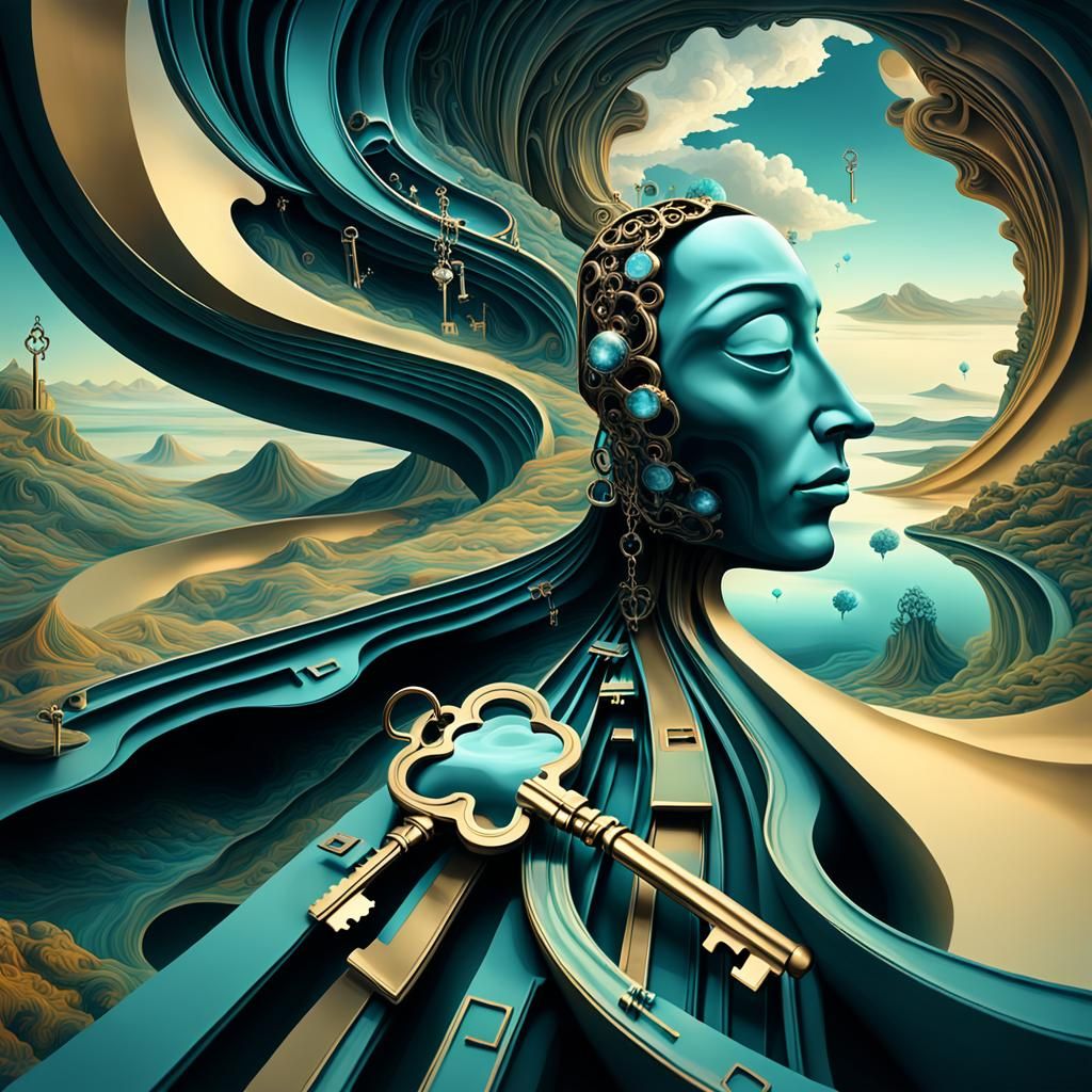 a surreal digital art piece depicting keys floating in a dreamlike ...