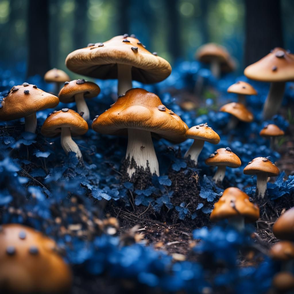 Mushrooms and blue clover. - AI Generated Artwork - NightCafe Creator
