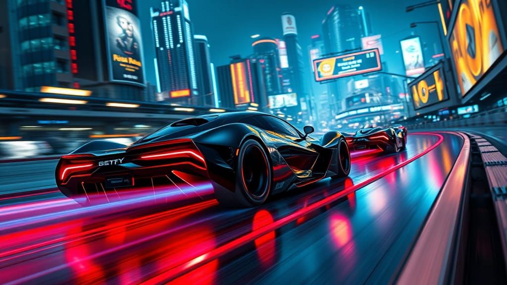 Racing Cars Zoom Past Futuristic Pit Stops in a Dy... - AI Art