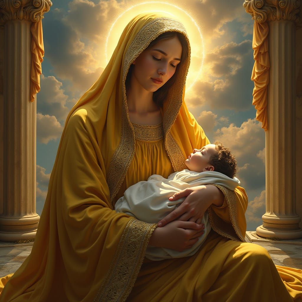 Holy Mother Mary in Golden Splendor with Christ Ch... - AI Art