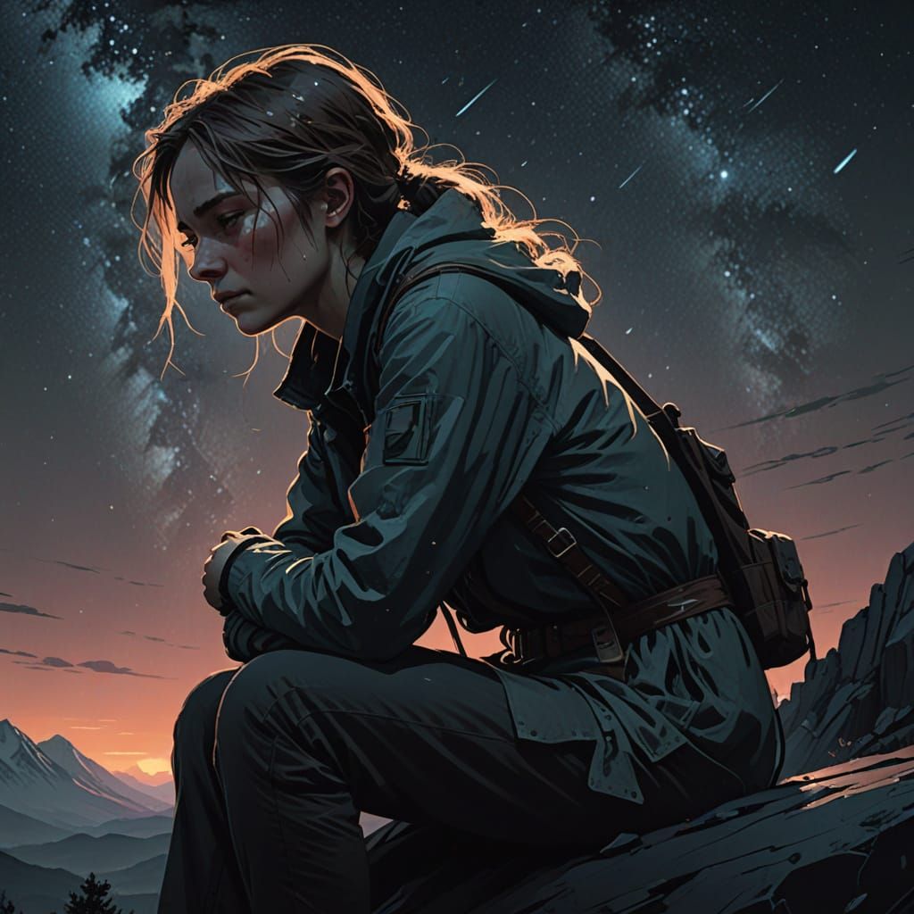 Mourning Beauty on a Starlit Mountain Peak - AI Art