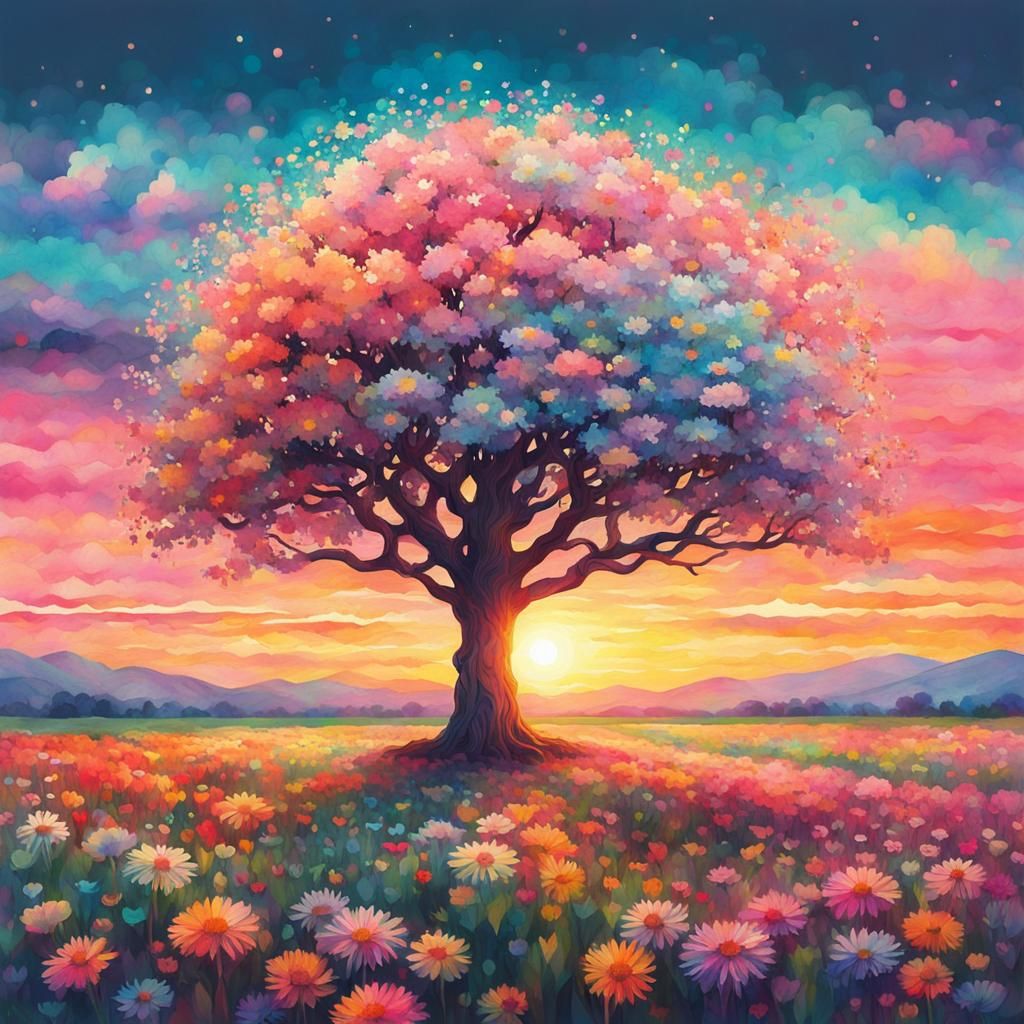 Pastel tree in flower field - AI Generated Artwork - NightCafe Creator