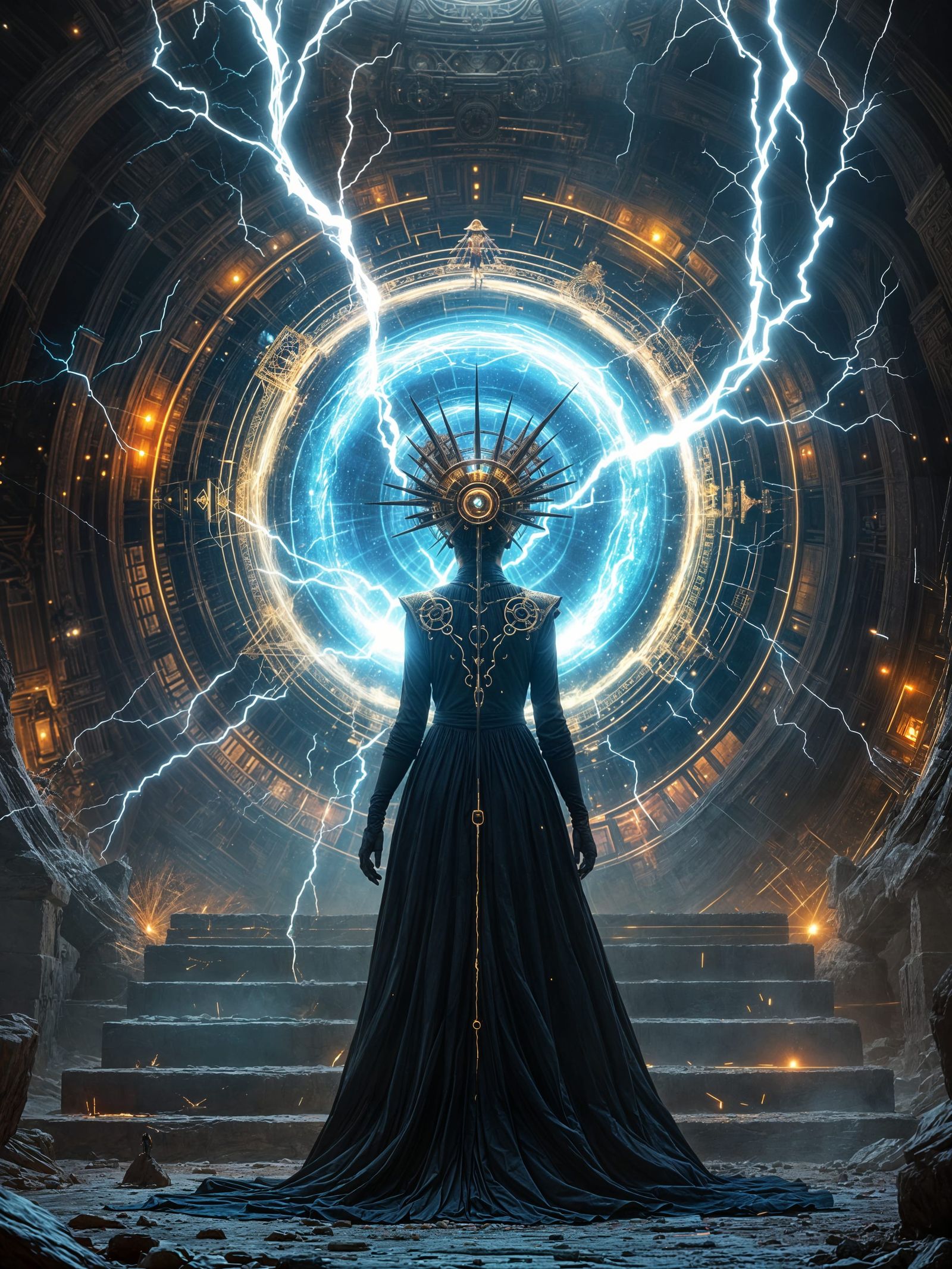 A traveler through alternate dimensions wearing an elaborate mechanism ...