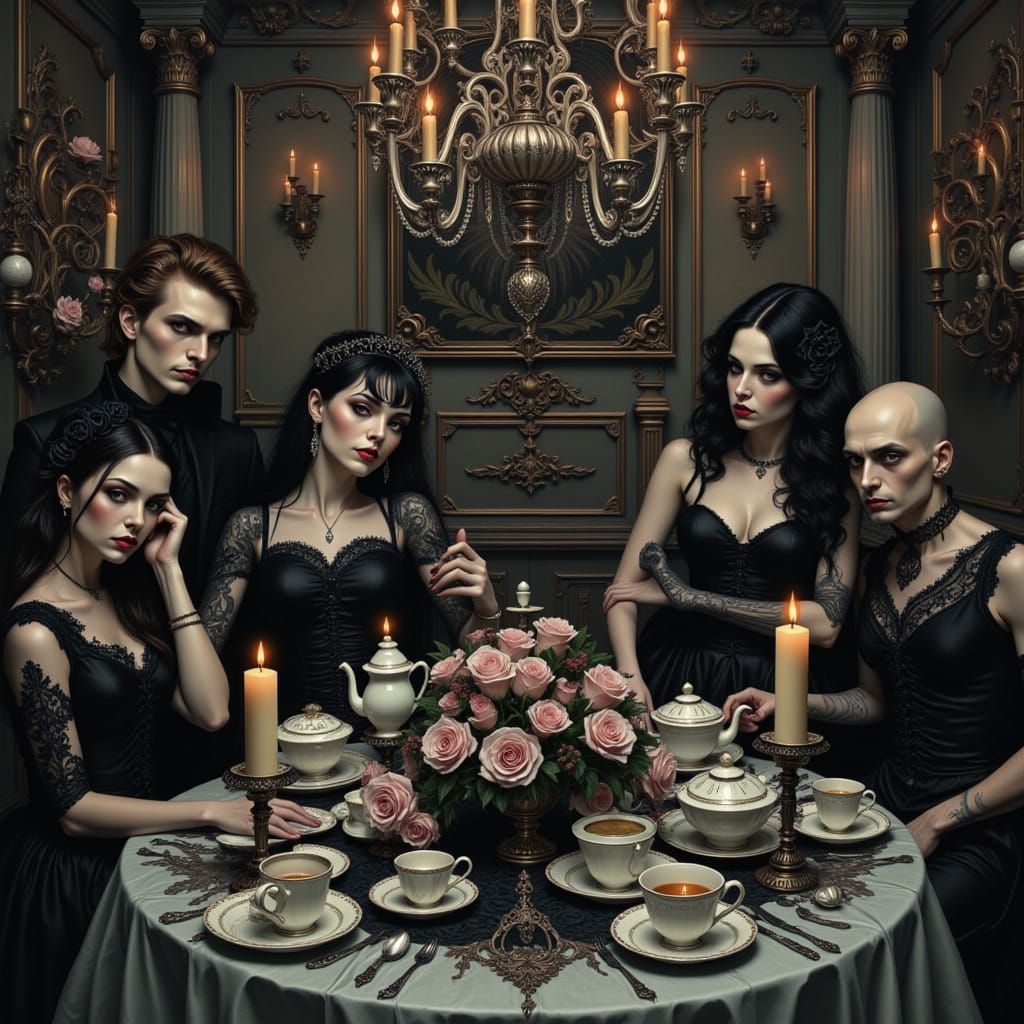 Elegant Gothic Tea Party in a Victorian-Style Parl... - AI Art