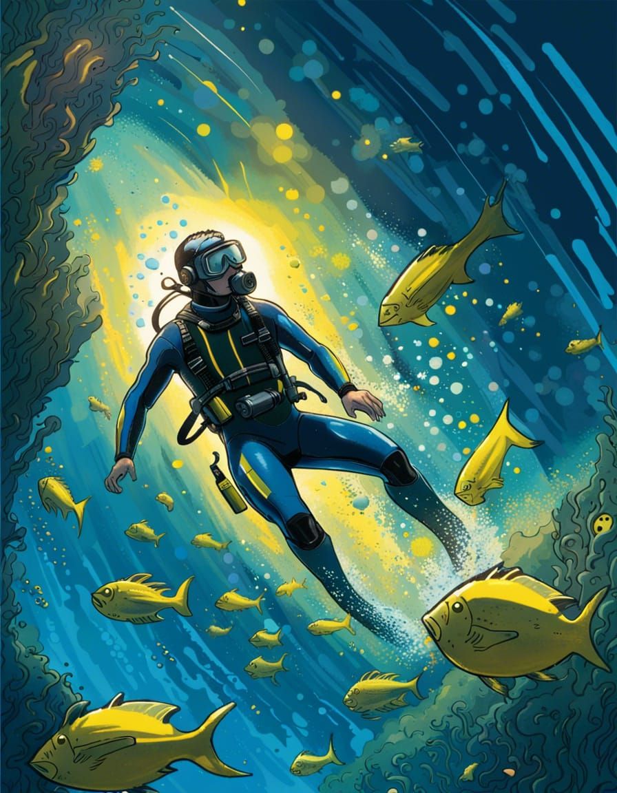 scuba diver wearing a blue wetsuit and yellow scuba fins, underwater ...
