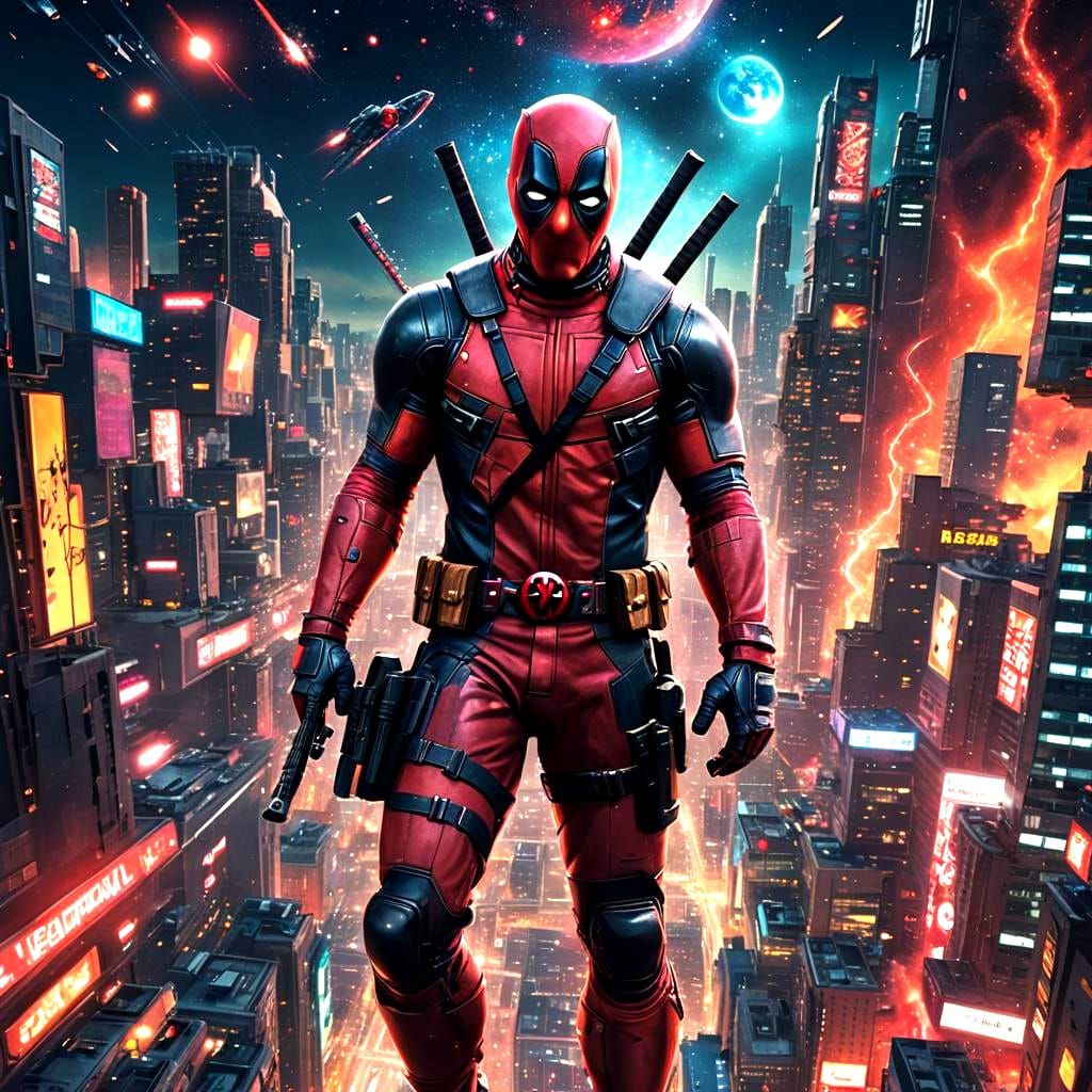 Realistic picture. Deadpool in space. Behind him is the Earth at night ...