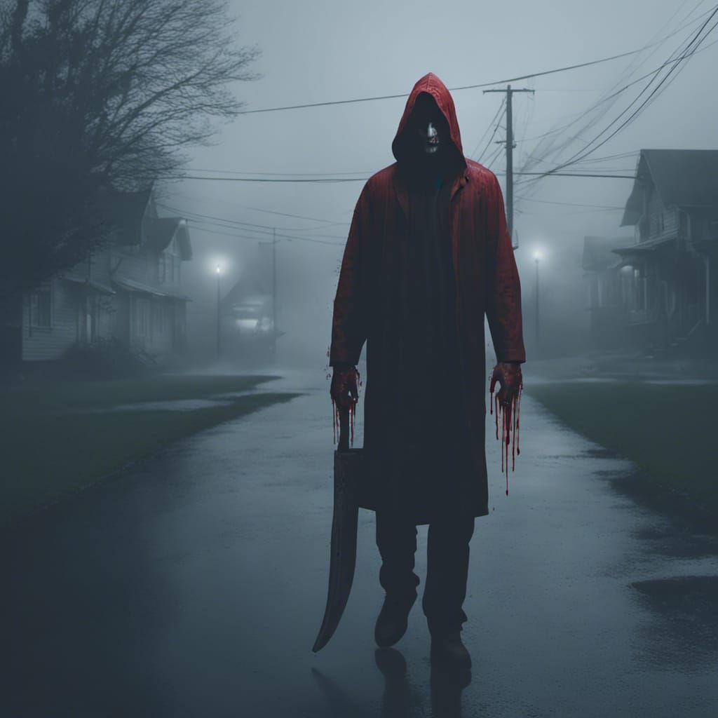 Foggy night suburban town Halloween blood soaked killer hooded slasher ...