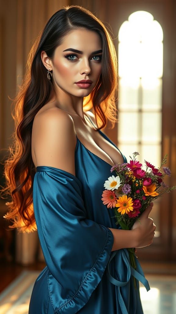 Seductive Goddess in Blue Silk Robe, Basking in Go... - AI Art