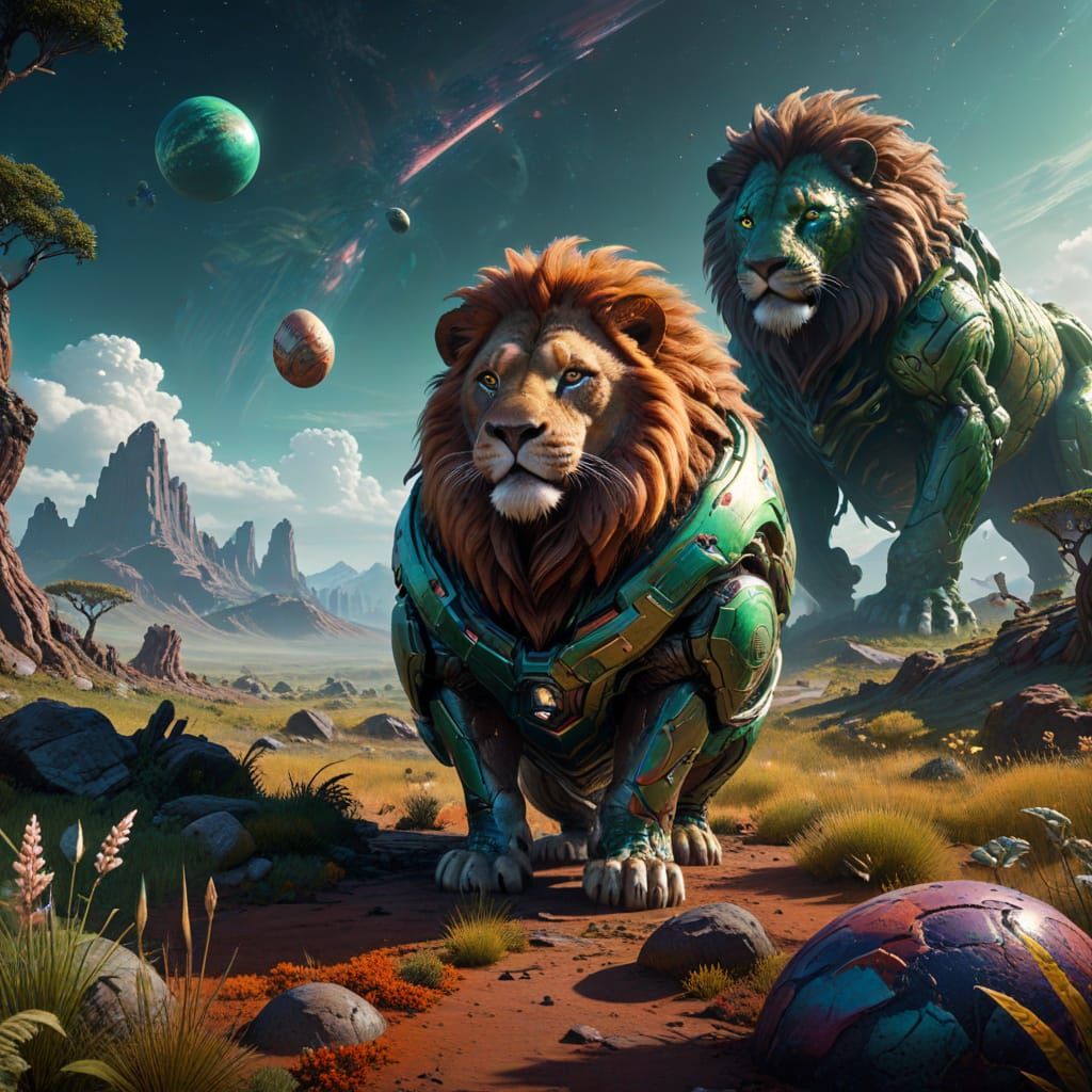 Lions On The Egg Planet - Surreal Alien Landscape with Strip...