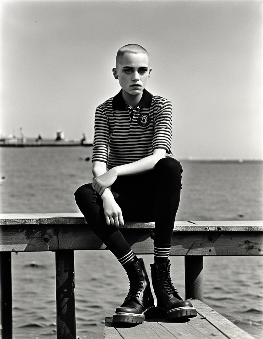a skinhead young girl dresses as a punk sitting on a beach pier a ...