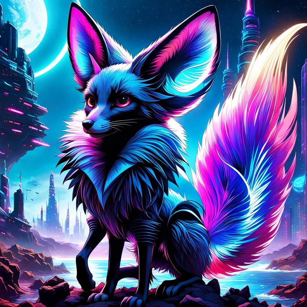 cyberpunk fennec fox, galaxy sky, high resolution detailed digital art ...