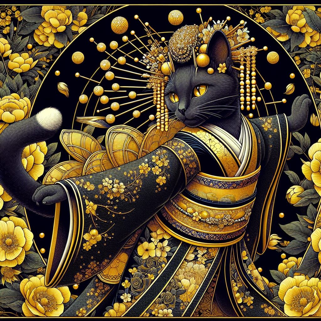 Charming Dancing Black Cat-Geisha from Ancient Fairy Tale. Amazing Kimono Art