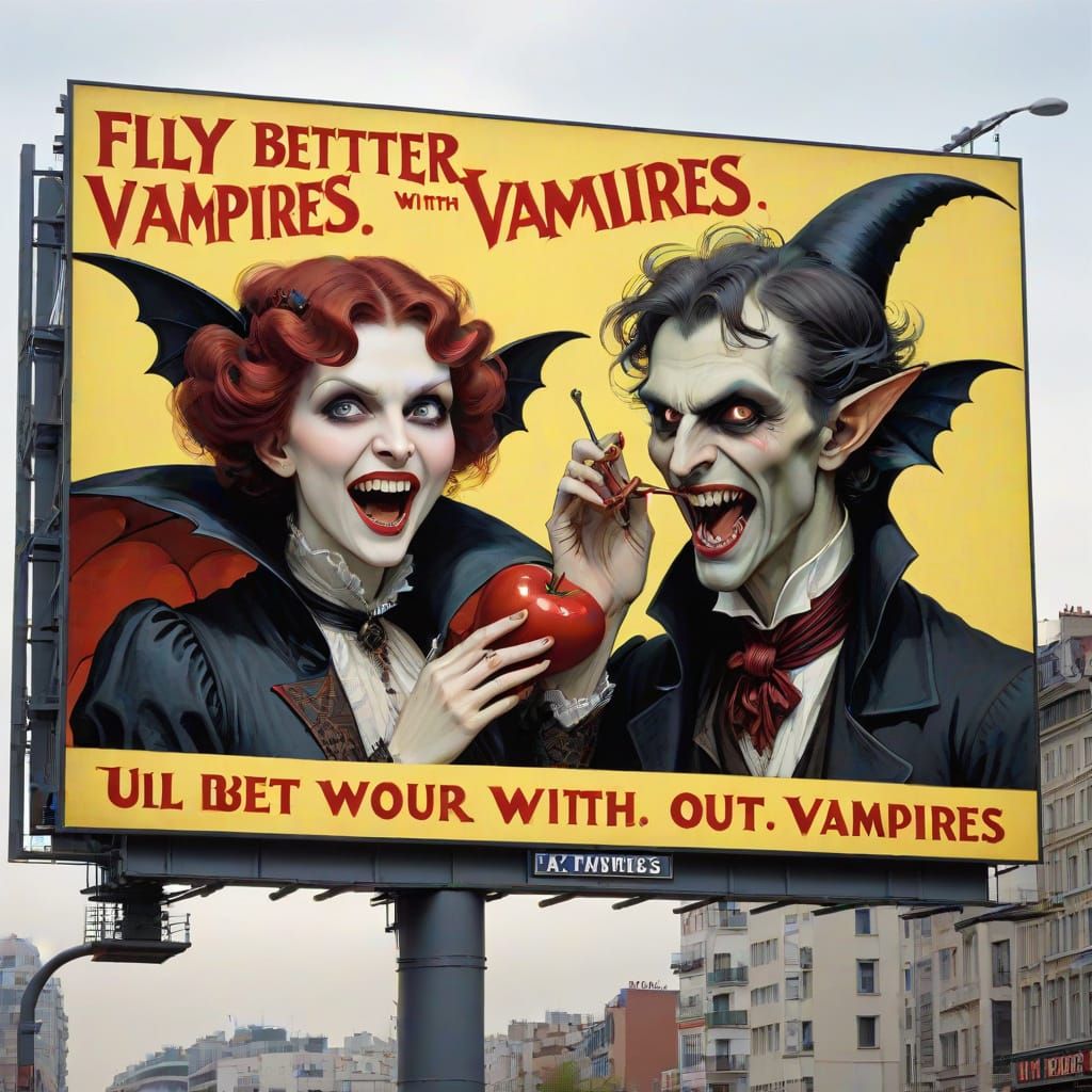 Vampires Soar in Whimsical Art Deco Style Billboar... - AI Art