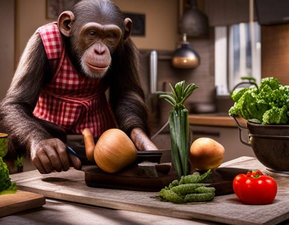 A chimpanzee in a kitchen preparing dinner - AI Generated Artwork ...