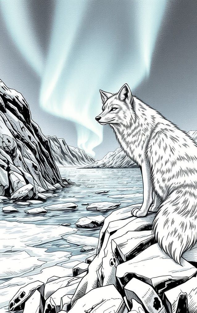 Barrow beach / Alaska - Aurora-Lit Arctic Fox on Alaska's Co...