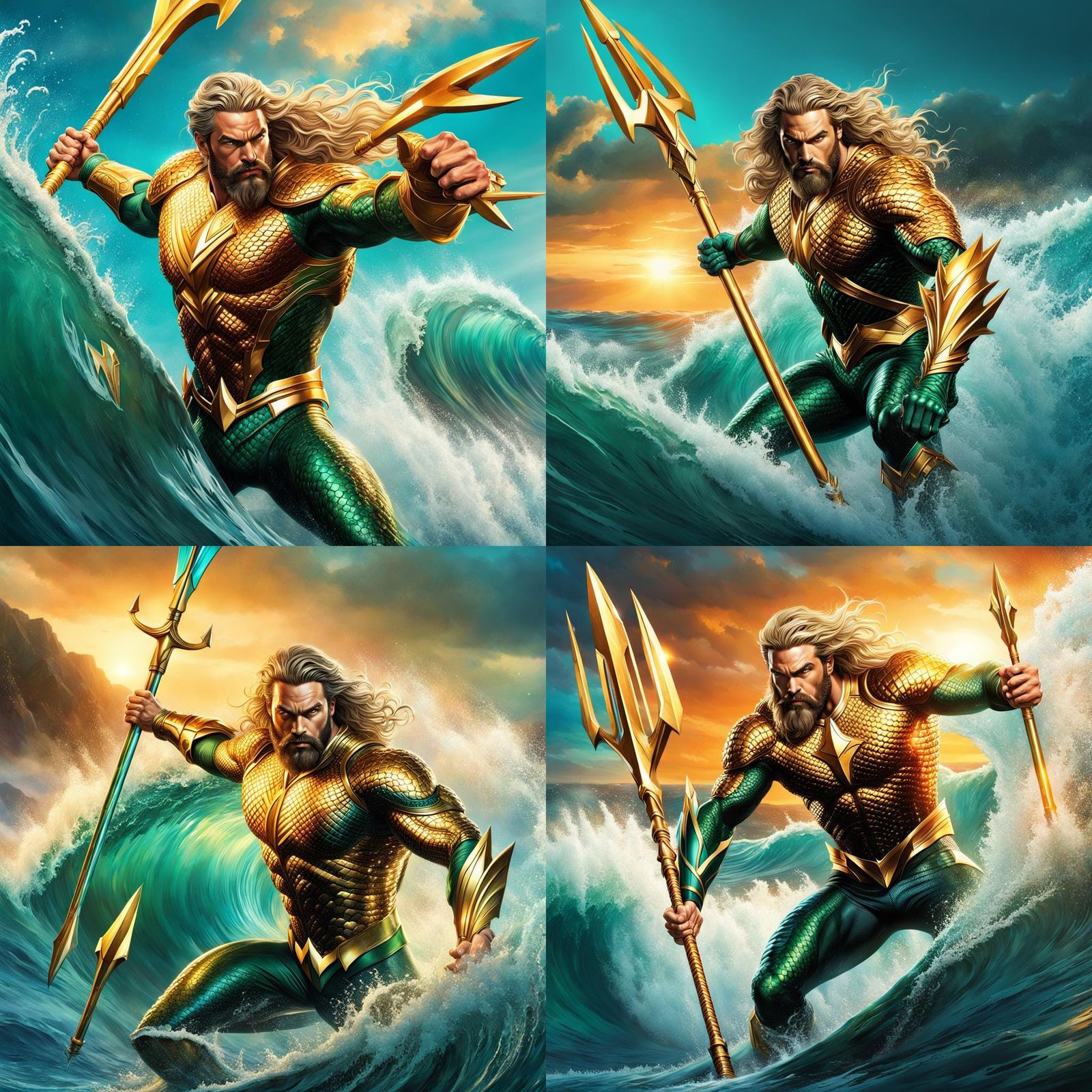 awesome Aquaman riding a wave with a cool trident - AI Generated ...