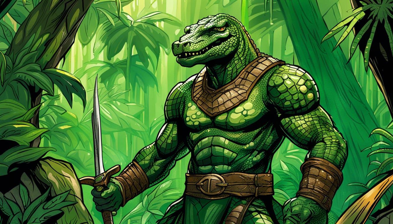 tall muscular male green-skinned alligator-like humanoid with black ...