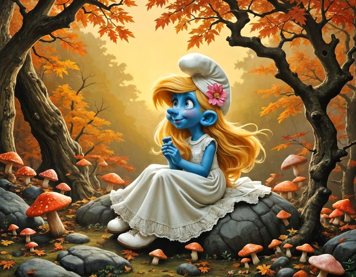 Smurfette 🥰 - Smurfette in a Cozy Autumn Forest Scene