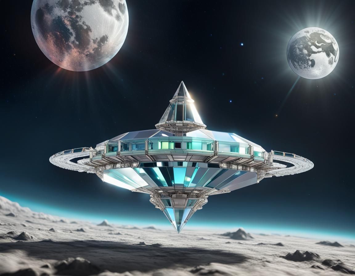Transparent crystal gemstone spaceship, hovering over the moon with ...