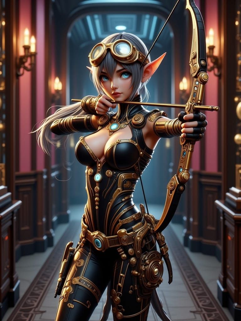 Regal female elf in Steampunk themed clothing holding a steam powered bow in an indoor archery ...