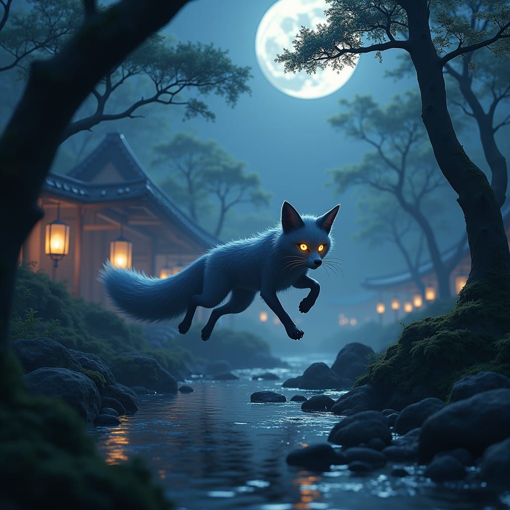 Fox Leap! - Moonlit Korean Fox Darts Through Forest Shadows