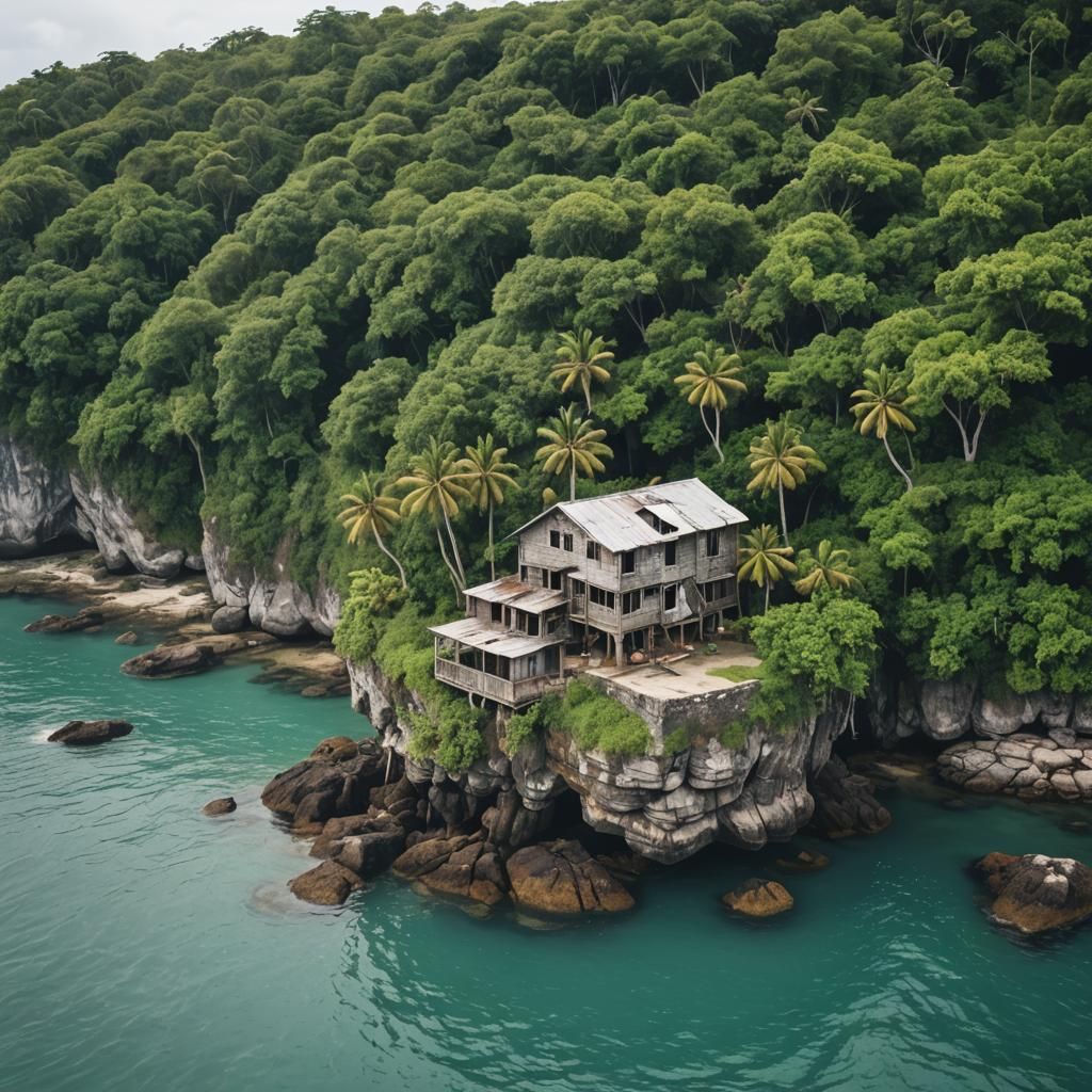 A multi-storey rickety old house on a tiny island in the middle of the ...