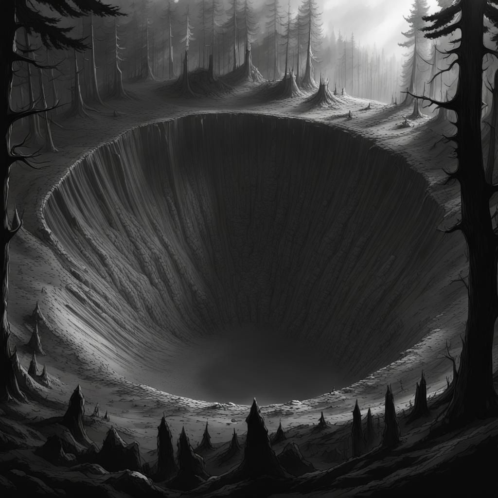 Dark, giant crater, surrounded by forest, sparks on the edges, it was ...