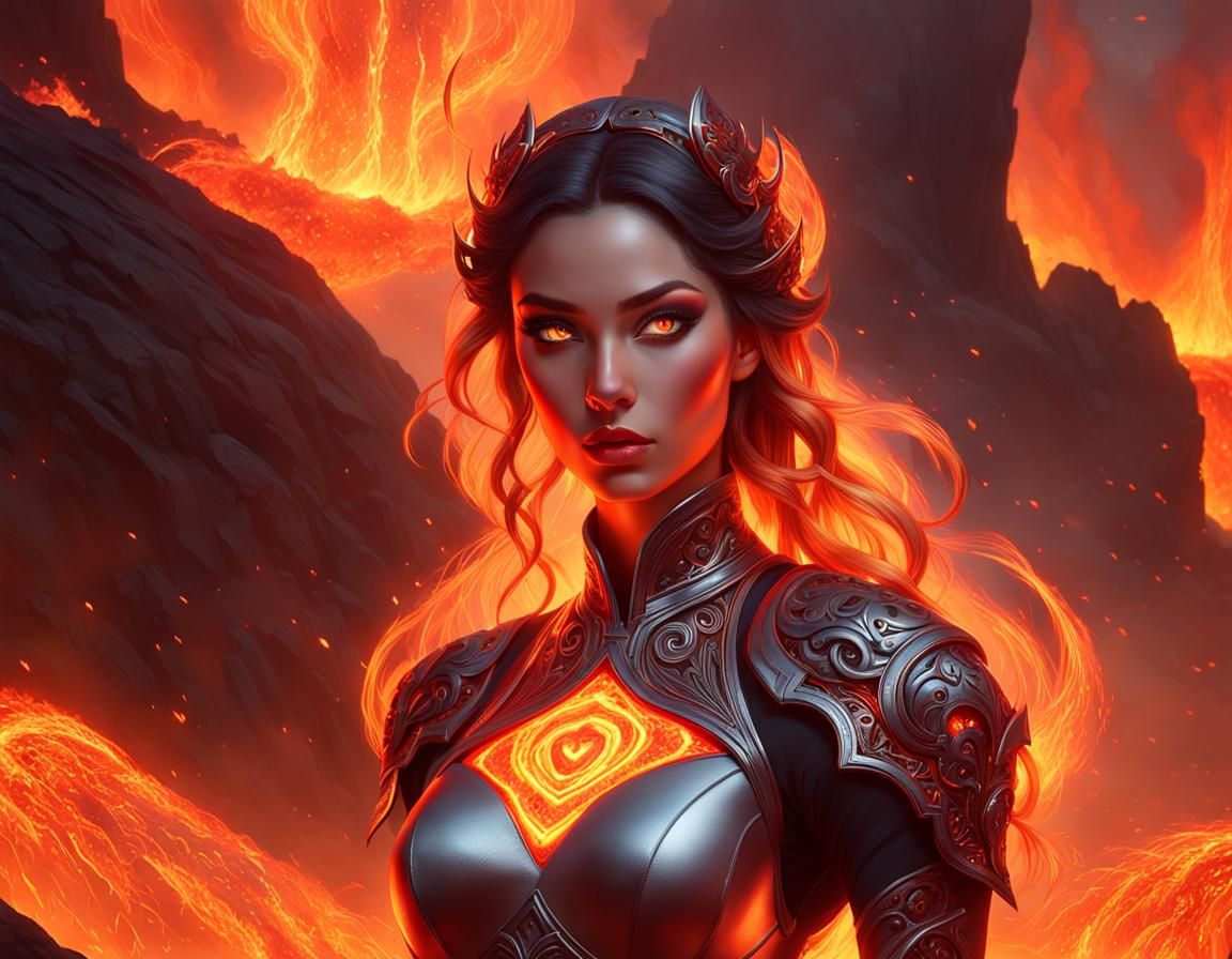 lava is depicted as a beautiful young lady, a body made of lava, skin ...