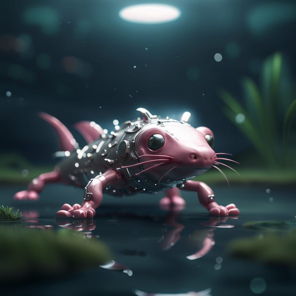 Baby Axolotl in water, intricate mech details, ground level shot, 8K ...