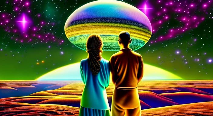 Two extraterrestrial humanoid beings, a man and a woman, looking at ...