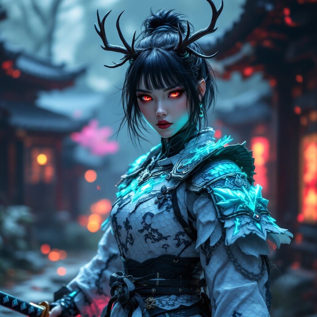 Majestic Goth Samurai in Vibrant Japanese Fantasy - AI Art