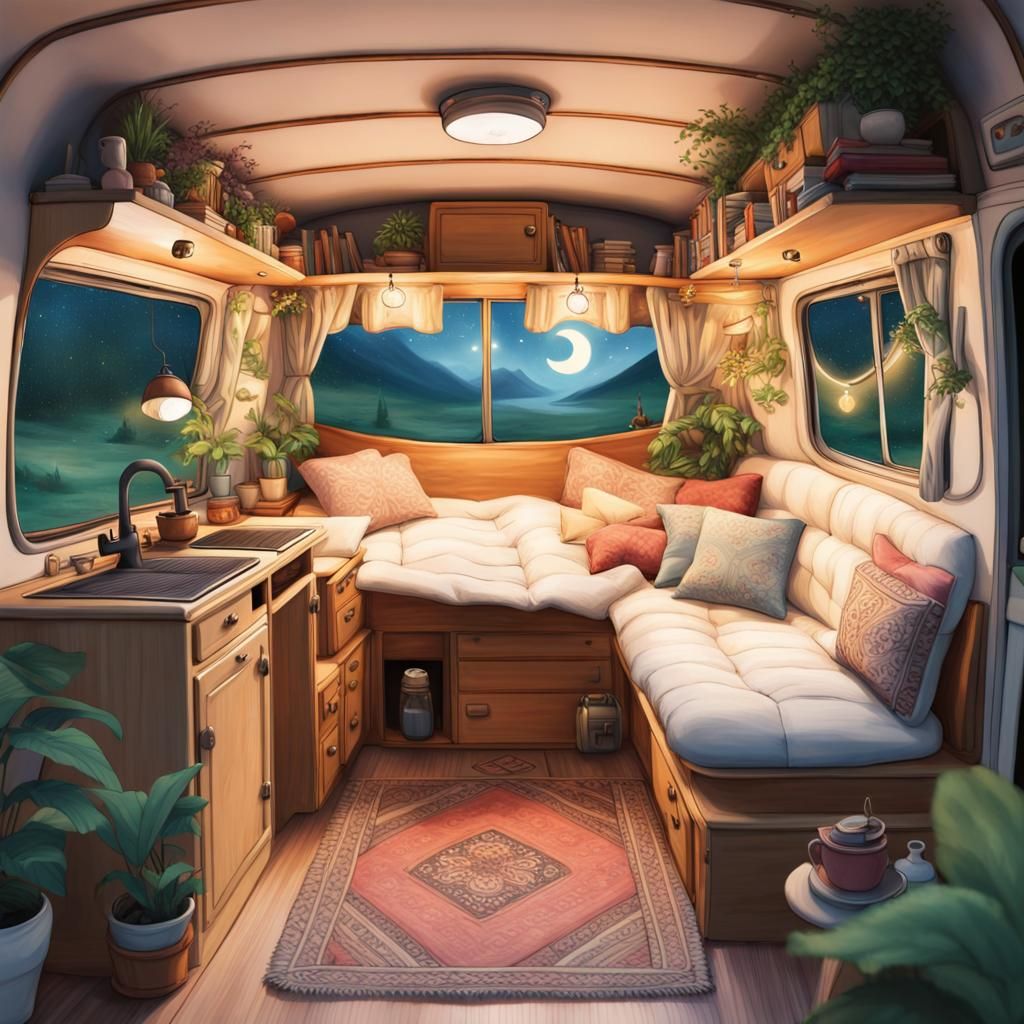Create a captivating anime-style artwork featuring a whimsical van or ...